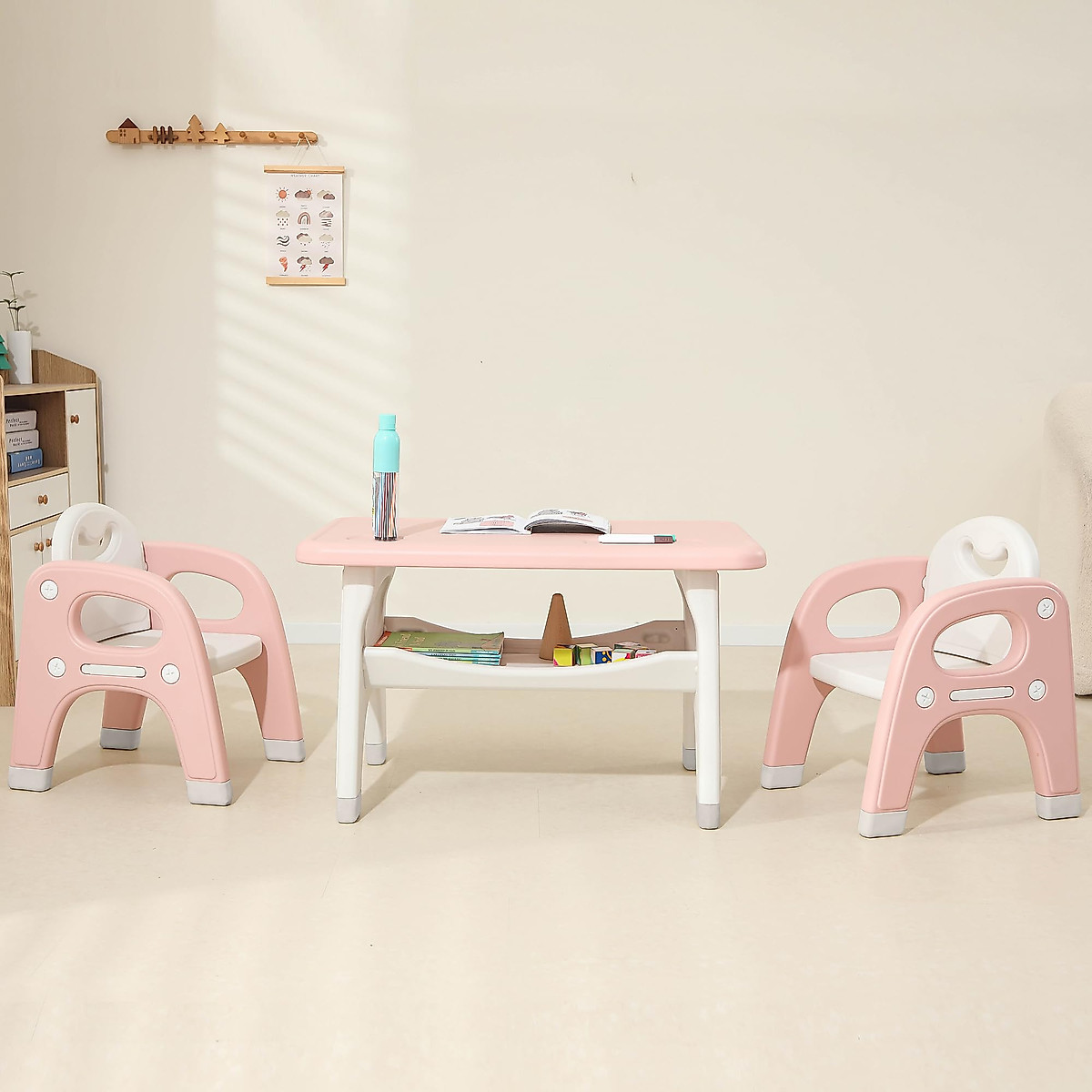 SINKIPA Kids Table and 2 Chairs Set, Toddler Activity Table Set with Storage Shelf, Toddlers Table and Chairs Set with Anti-Slip Foot Covers, Tables for Reading, Drawing, Eating, Playing