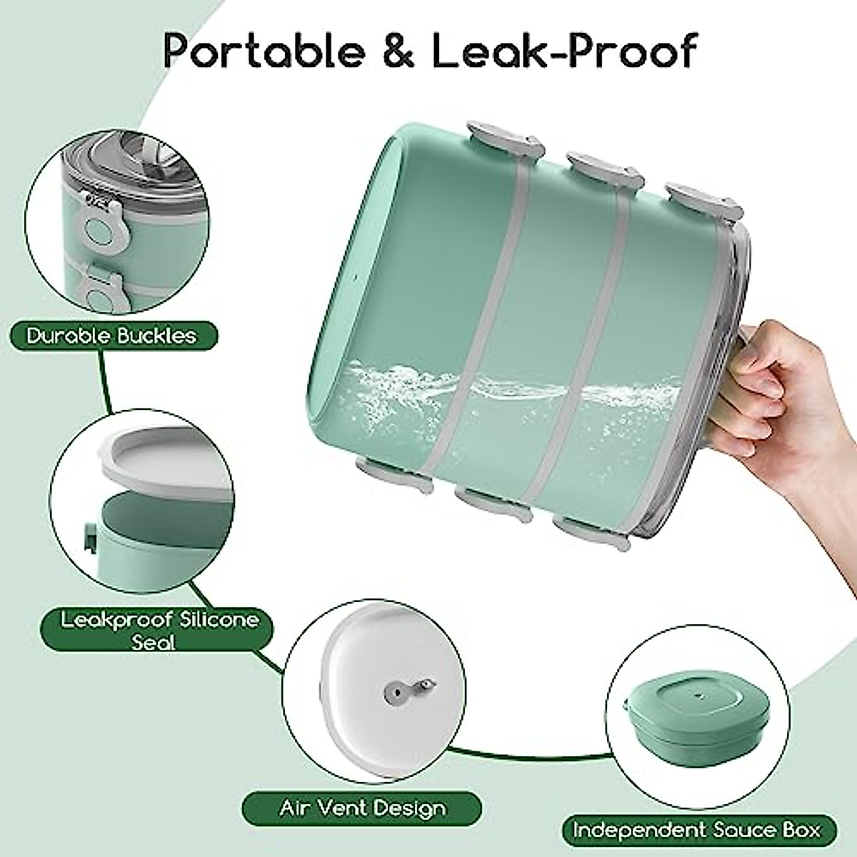 KHOXU Bento Lunch Box, Stackable 3 Layers Bento Box Adult Lunch Box, 94OZ Large Capacity Lunch Containers, Lunch Box Kids with Accessories Kit , Leak-Proof, Food-Safe Materials, Green
