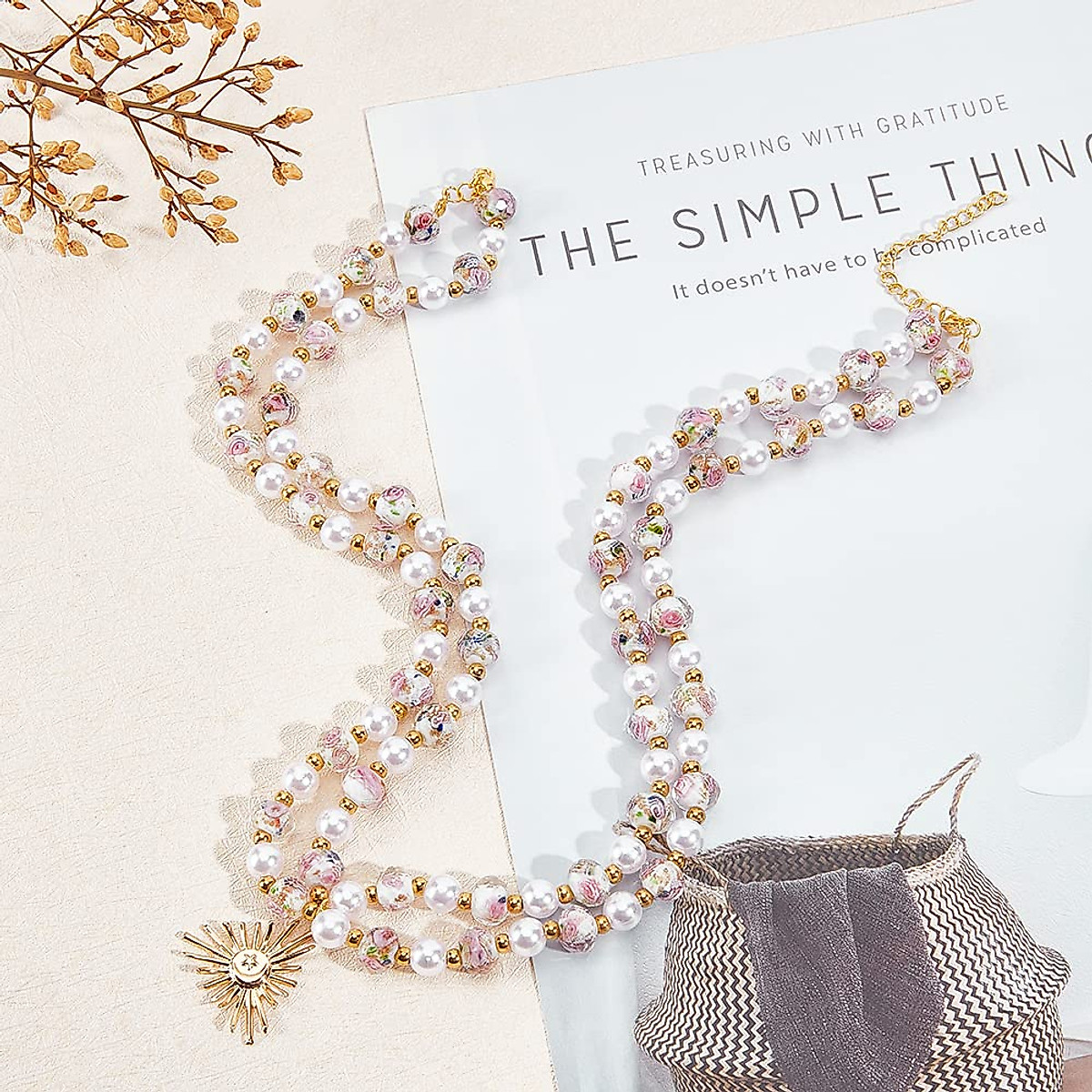 PH PandaHall 60pcs 9~10mm Rose Lampwork Beads Gold Sand Glass Beads Handmade Flower Glass Beads Round Loose Beads for Rosary Making Jewelry Craft Making with 1.5~2mm Hole - White