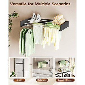 Vikaqi Clothes Drying Rack Wall Mounted, 32" Drying Rack Clothing Retractable, Laundry Drying Rack Space Saving, Collapsible Drying Racks for Laundry Folding Indoor Outdoor, 5 Rods, Black