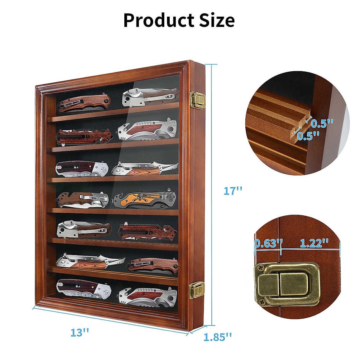 ASmileIndeep Pocket Knife Display Case 7 Rows Lockable Wooden Knife Shadow Box with HD Tempered Glass, Military Folding Knife Cabinet Stand for Wall with Removable Shelves, Walnut