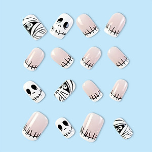 Halloween Short Mummy Design Fake Nails Square Press on Nails Glue on Nails Full Cover Odd Halloween Skull Nails Short Stick on Nails for Women and Girls Party Nail Art Manicure24ps