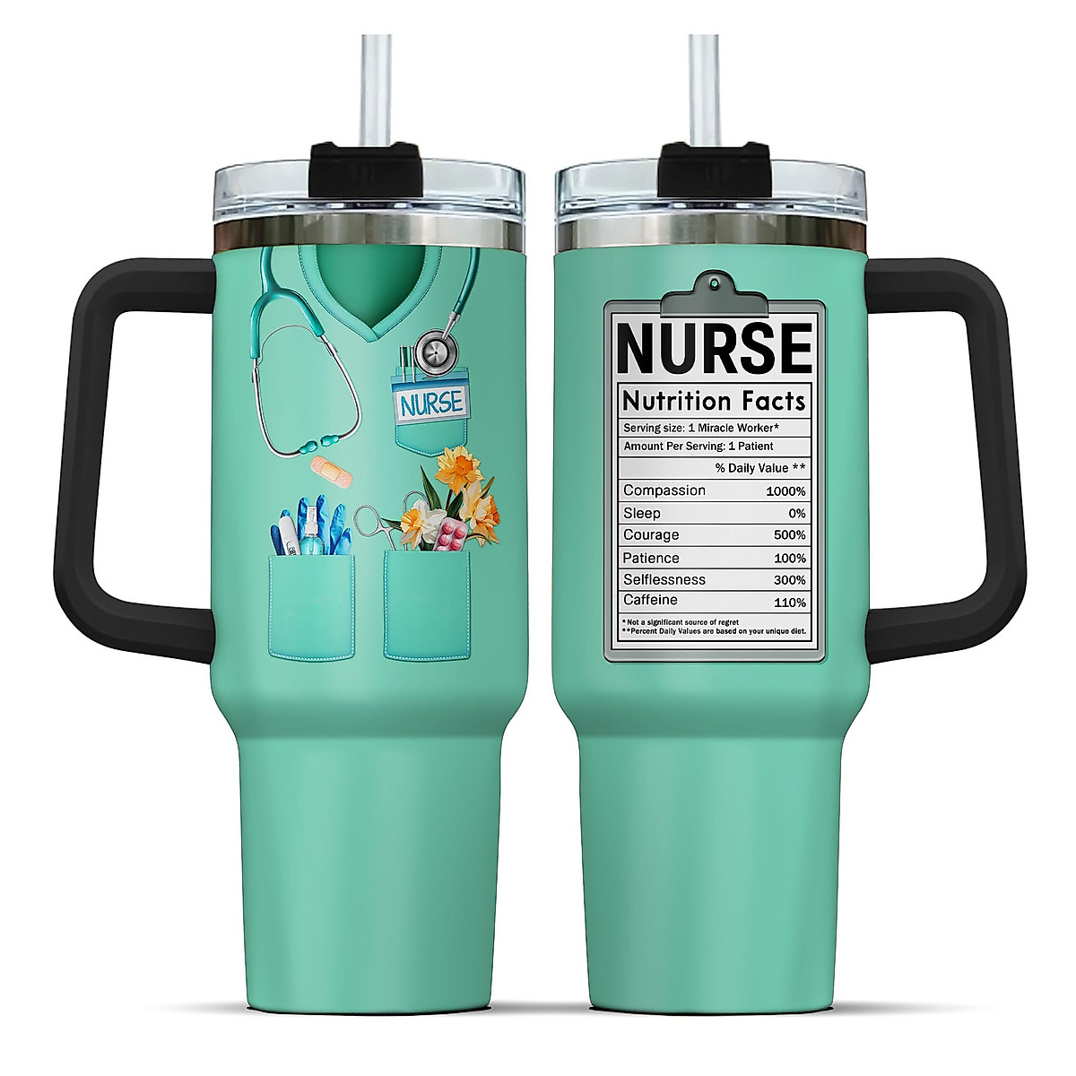 99OWL Cups Blue Light Er Engraved Straws Student Navy School Handle Funny Nursing, Nurse Gifts, Tumbler 40 Oz With Handle Lid And Straw, Nurse Life Shirt Pattern Nutrition Facts