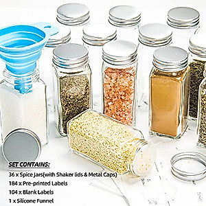 HAKEEMI 36 Pcs Spice Jars with Spice Labels, 4 oz Empty Glass Spice Containers with Shaker Lids & Metal Caps, Square Seasoning Jars Bottles