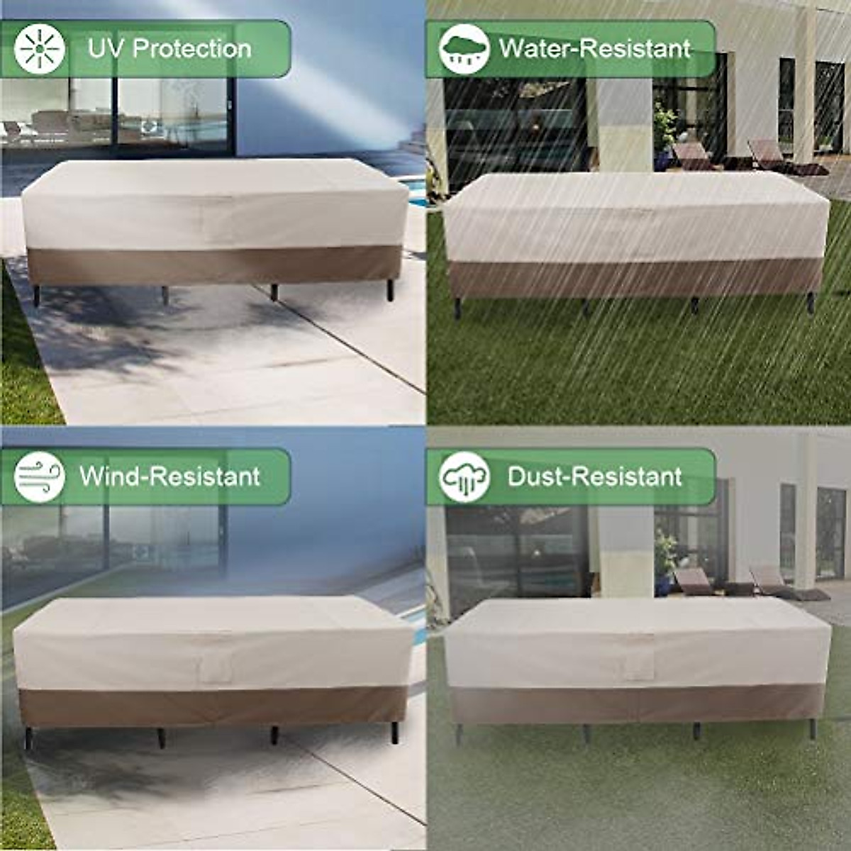 PHI VILLA Patio Table Set Covers Waterproof, Large Rectangular Heavy Duty Patio Cover, Outdoor Dining Table and Chair Cover with Pop-up Supporter, 89"L X 59"W X 23"H, Beige & Brown