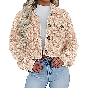 PRETTYGARDEN Womens Fall Clothes Sherpa Shacket Jacket Fuzzy Lapel Button Down Cropped Coat Winter Outerwear (Beige,Large)