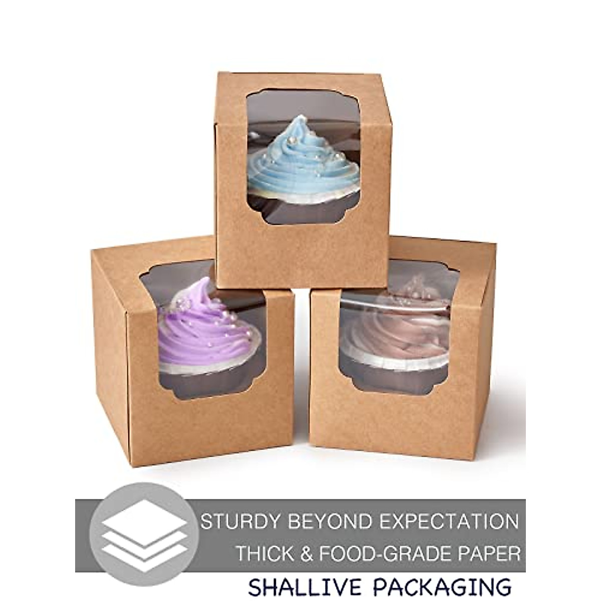 Shallive Kraft Cupcake Boxes Individual 60 Pcs with Inserts, Cocoa Bomb Packaing Single Brown Cupcake Containers Paper 3.5" Holders for Cookies, Pastries,Wedding Baby Shower Birthday Graduation
