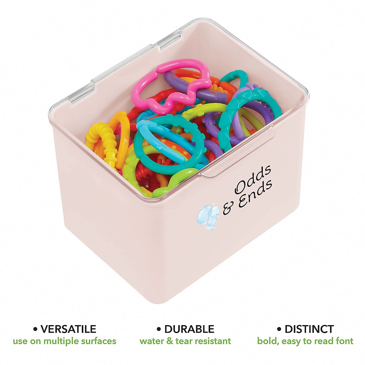 mDesign Plastic Stackable Storage Organizer Toy Box with Lid for Action Figures, Crayons, Markers, Building Blocks, Puzzles, Craft or School Supplies - Pack of 4, Includes 32 Labels - Light Pink/Clear