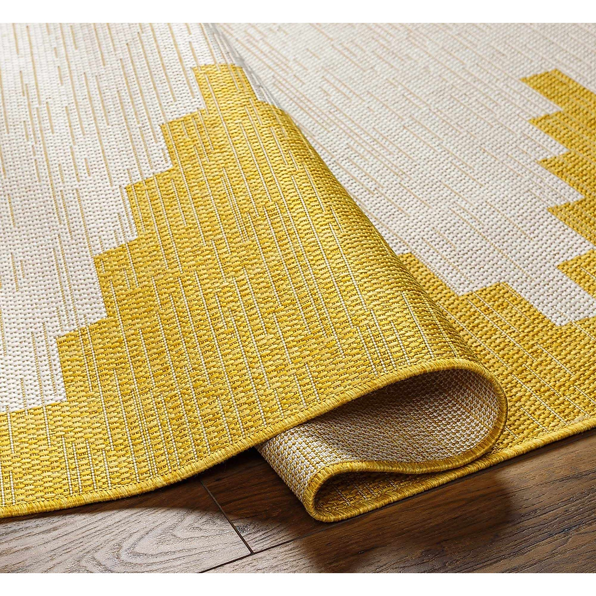 Hauteloom Djugun Outdoor Runner Rug - Outside Porch Patio Rug Carpet - Waterproof Rug - Geometric - Yellow, Off White, White, Cream, Bone - 2'7" x 12'