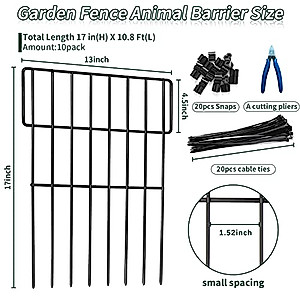 10 Pcs Animal Barrier Fence, 1.52inch Spike Spacing No Dig Fence 13"L x 17"H, Rustproof Metal Wire Fencing for Rabbits Dog Ground Stakes Defence and Outdoor Patio Decorative Fences Total Length 10.8Ft