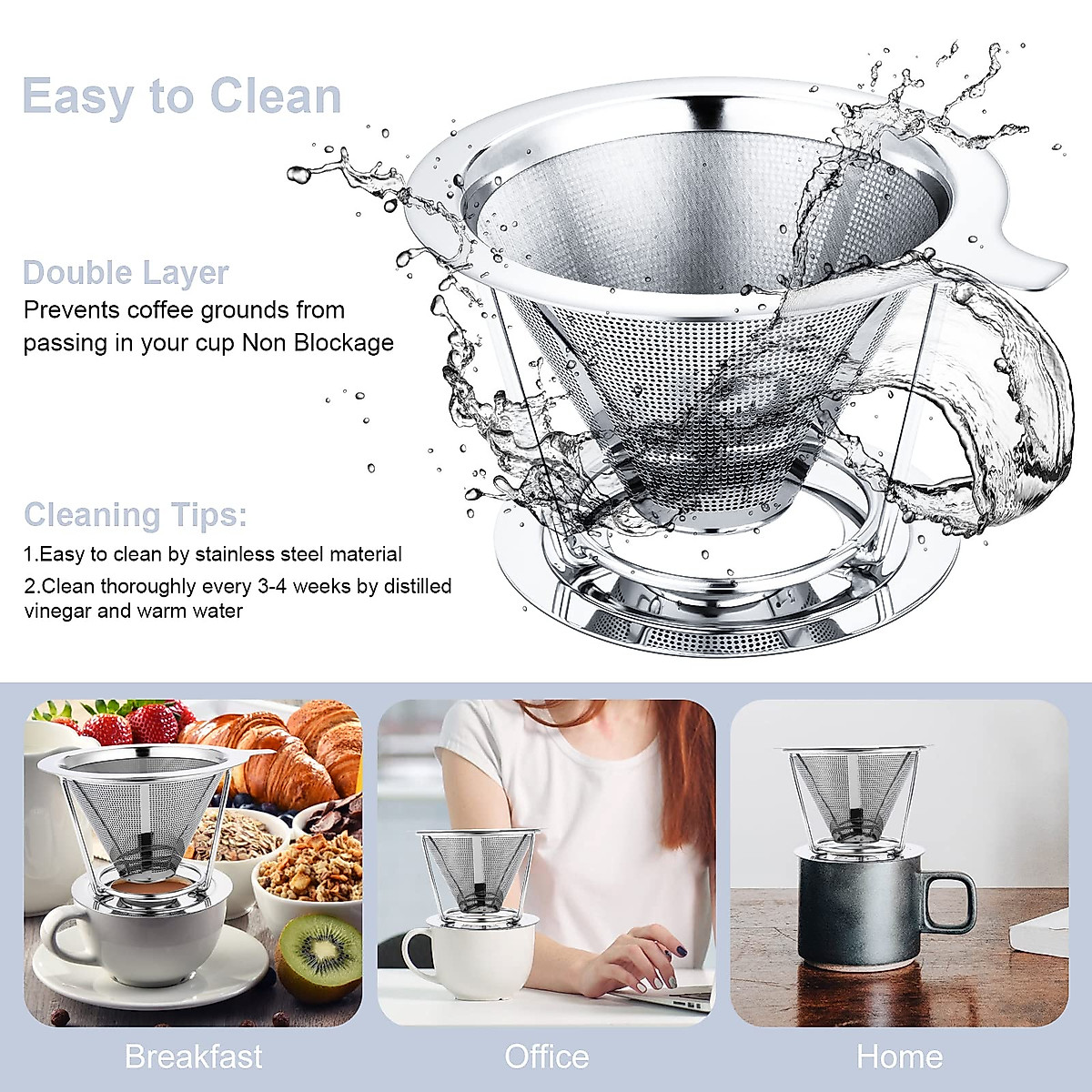 Yanyole Pour Over Coffee Maker,Coffee Filter,Slow Drip Paperless Stainless Steel Cone Coffee Dripper(1 Cup)