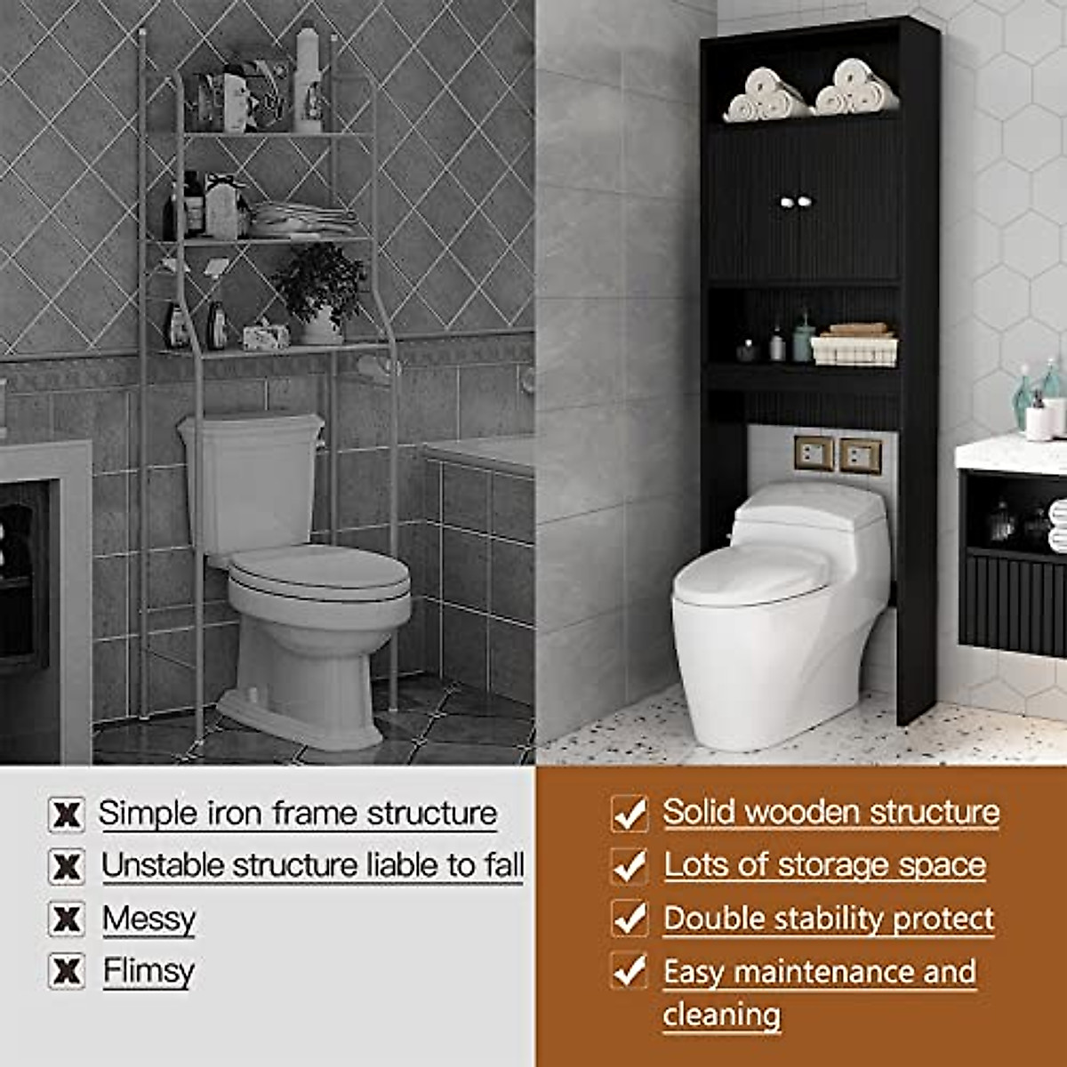 ME2 Bathroom Over The Toilet Storage Cabinet, 77'' Taller Bathroom Organizer Shelf Space-Saving Collect Cabinet with Shelves and Double Doors, Black