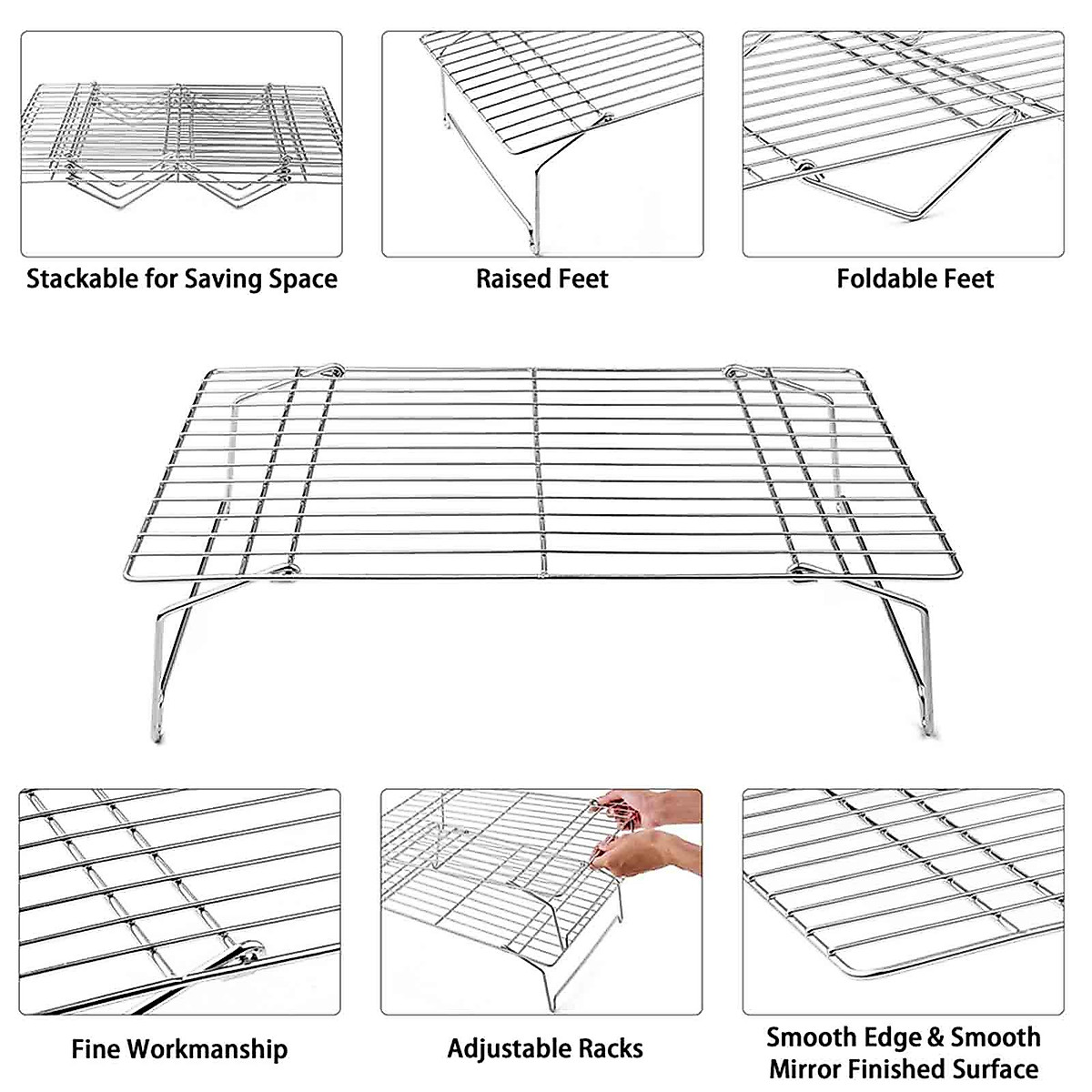 TeamFar Cooling Rack, 3 Tier 15’’ × 10’’ Oven/Dishwasher Safe Stainless Steel Baking Roasting Rack for Cookies Cake Pies Bread, Collapsible & Foldable, Healthy & Non Toxic