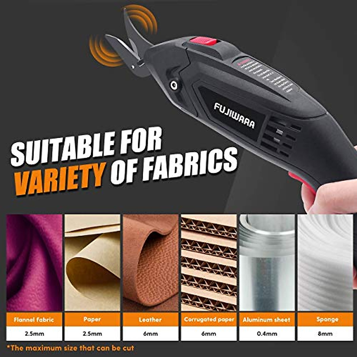 FUJIWARA Electric Scissors, 2 Removable Lithium Batteries and 2 Cutter Blades, Cordless Shears Cutting Tool for Fabrics/Canvas/Carpets/Leather/Cardboard/Other Thin Materials