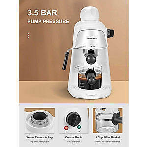 Ihomekee Espresso Machine, 3.5Bar Espresso and Cappuccino Machine with Preheating Function, 4 Cup Coffee Maker with Milk Frothing Function and Steam Wand (White), CM6810