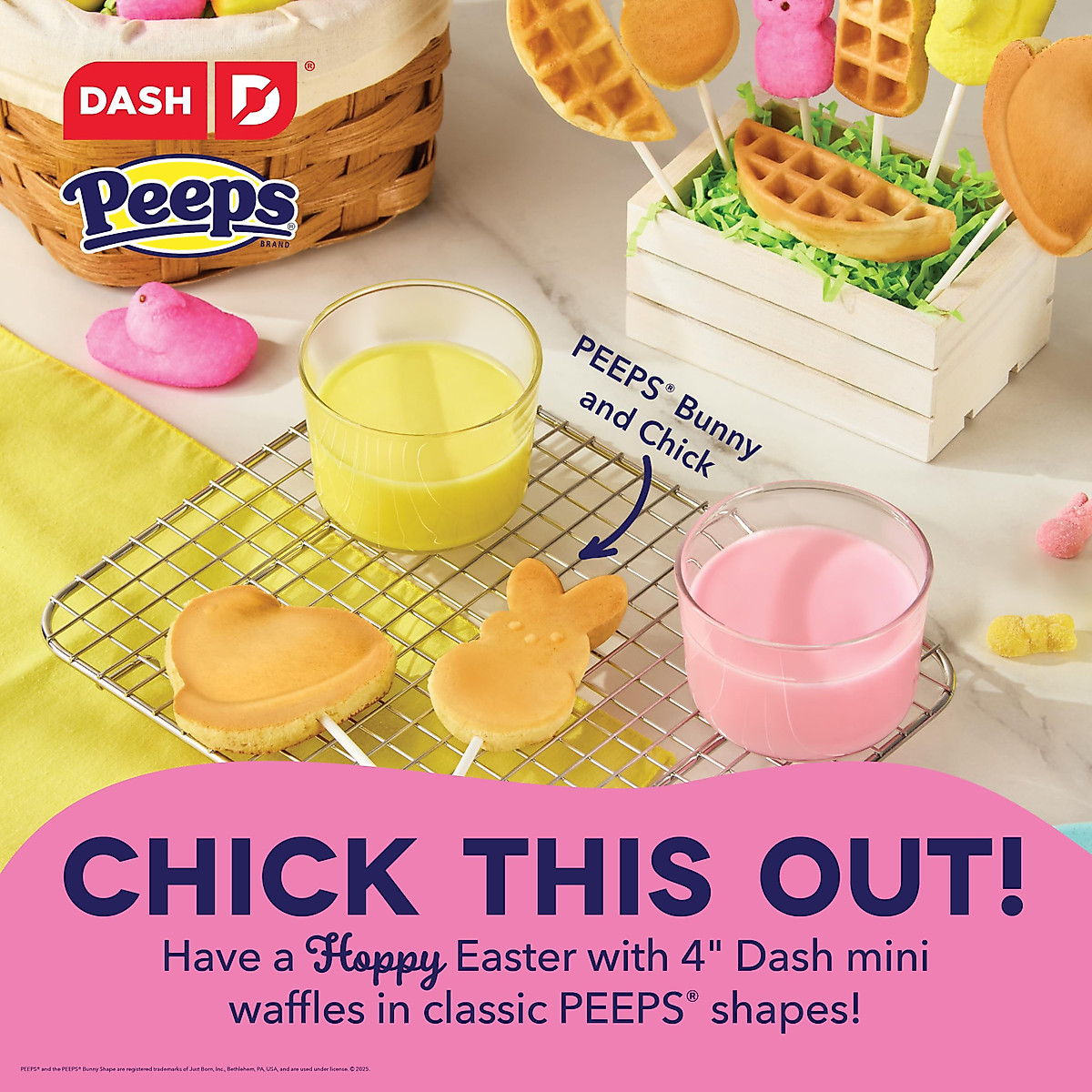 PEEPS x Dash Bunny Mini Waffle Maker for Individual Waffles, Hash Browns, Keto Chaffles with Easy to Clean, Non-Stick Surfaces, 4 Inch - Pink