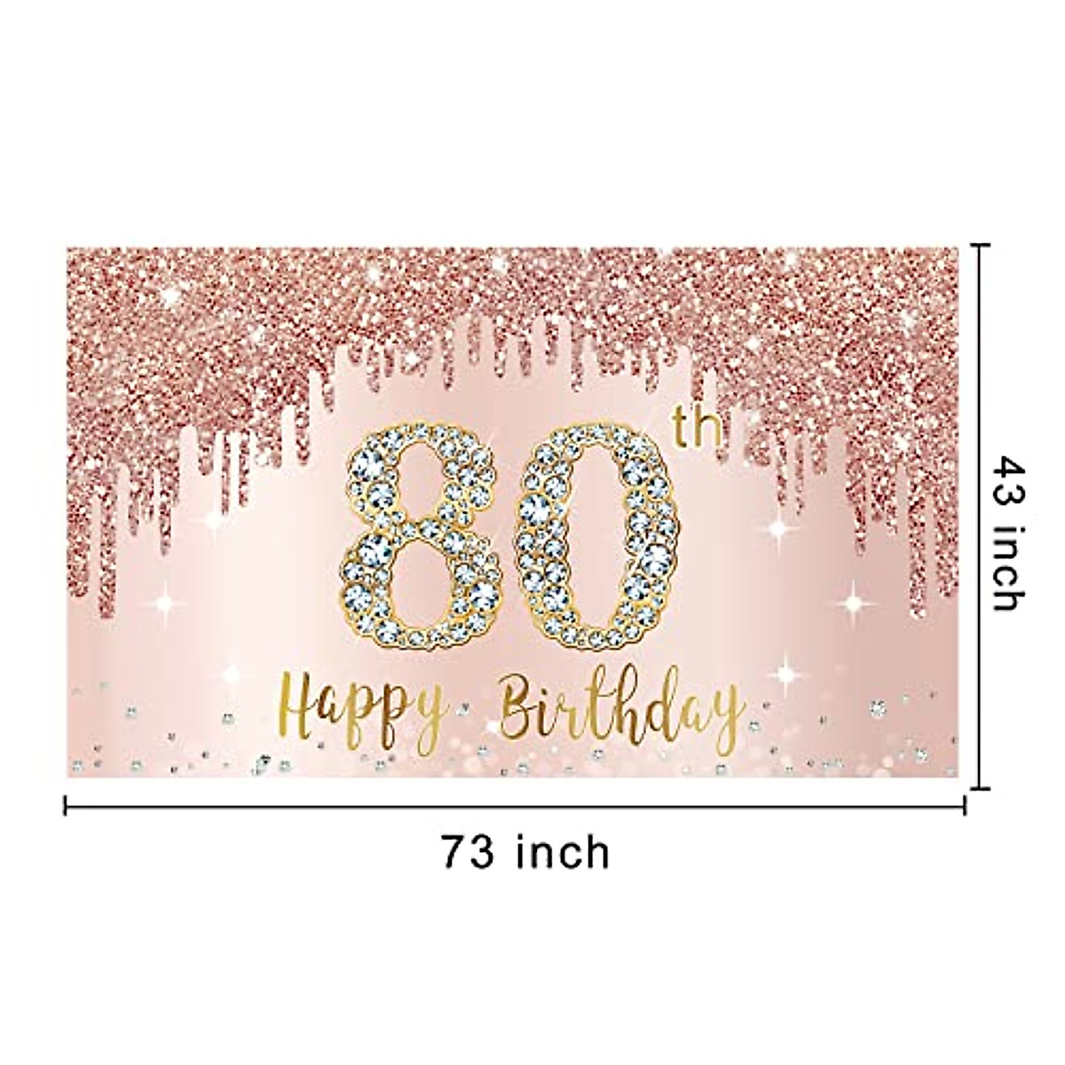 Happy 80th Birthday Banner Backdrop Decorations for Women, Rose Gold 80 Birthday Party Sign Supplies, Pink 80 Year Old Birthday Poster Background Photo Booth Props Decor