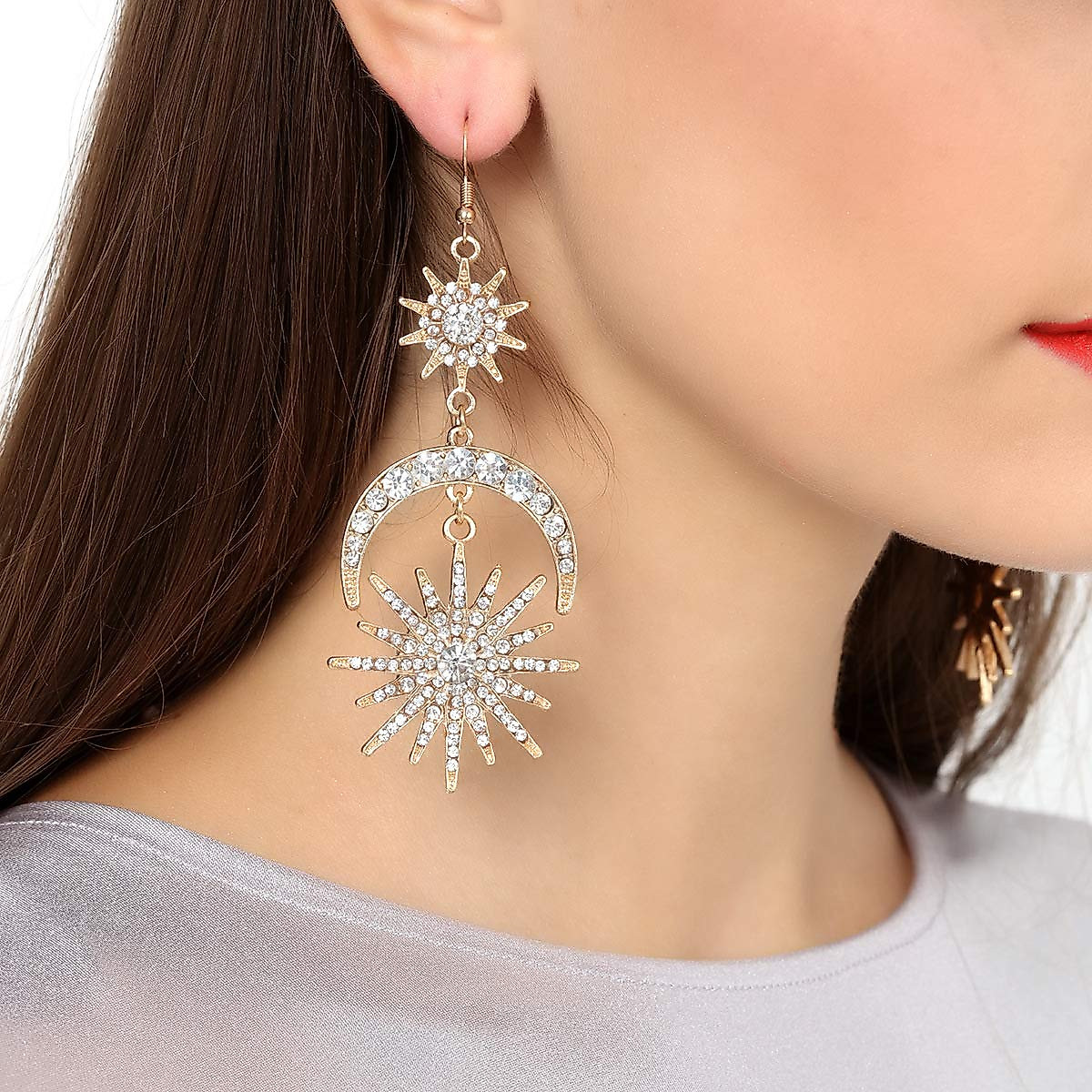 Exaggerated Luxury Sun Moon Stars Drop Earrings Rhinestone Punk Earrings for Women Jewelry Golden Boho Vintage Statement Earrings