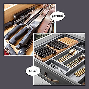In-Drawer Knife Block Organizer - Bamboo Wood Drawer Knife Organizer - Holds 5 Long + 6 Short Knives (Not Included) - Store Knives with Blades Pointing Down