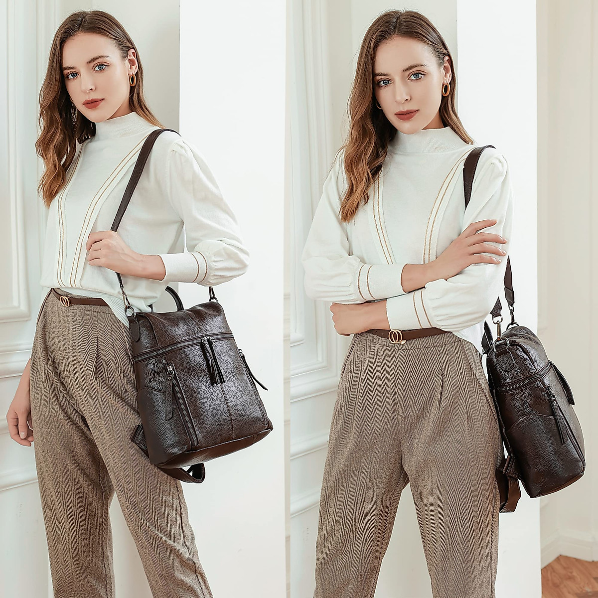 Iswee Genuine Leather Vintage Casual Daypack Backpacks Travel Essentials Anti-theft Work Fashion Backpack Purse for Women (Coffee)