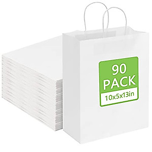 Moretoes 90pcs White Paper Bags with Handles 10x5x13 Inches Kraft White Gift Bags with Handles Bulk, Shopping Bags, Retail Bags for Small Business, Birthday Wedding Party Favor Bags