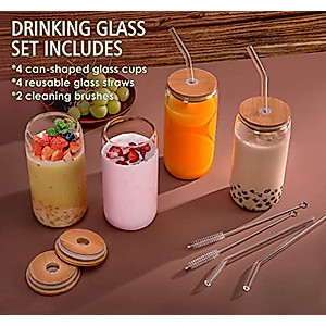 4pcs Set Drinking Glasses With Bamboo Lid And Glass Straw - 16oz Can Shaped Drinking Glass Set, Iced Coffee Mug, Cute Tumbler Cup, Whiskey, Water- Gift Best Choice - 2 Cleaning Brushes (Covered)