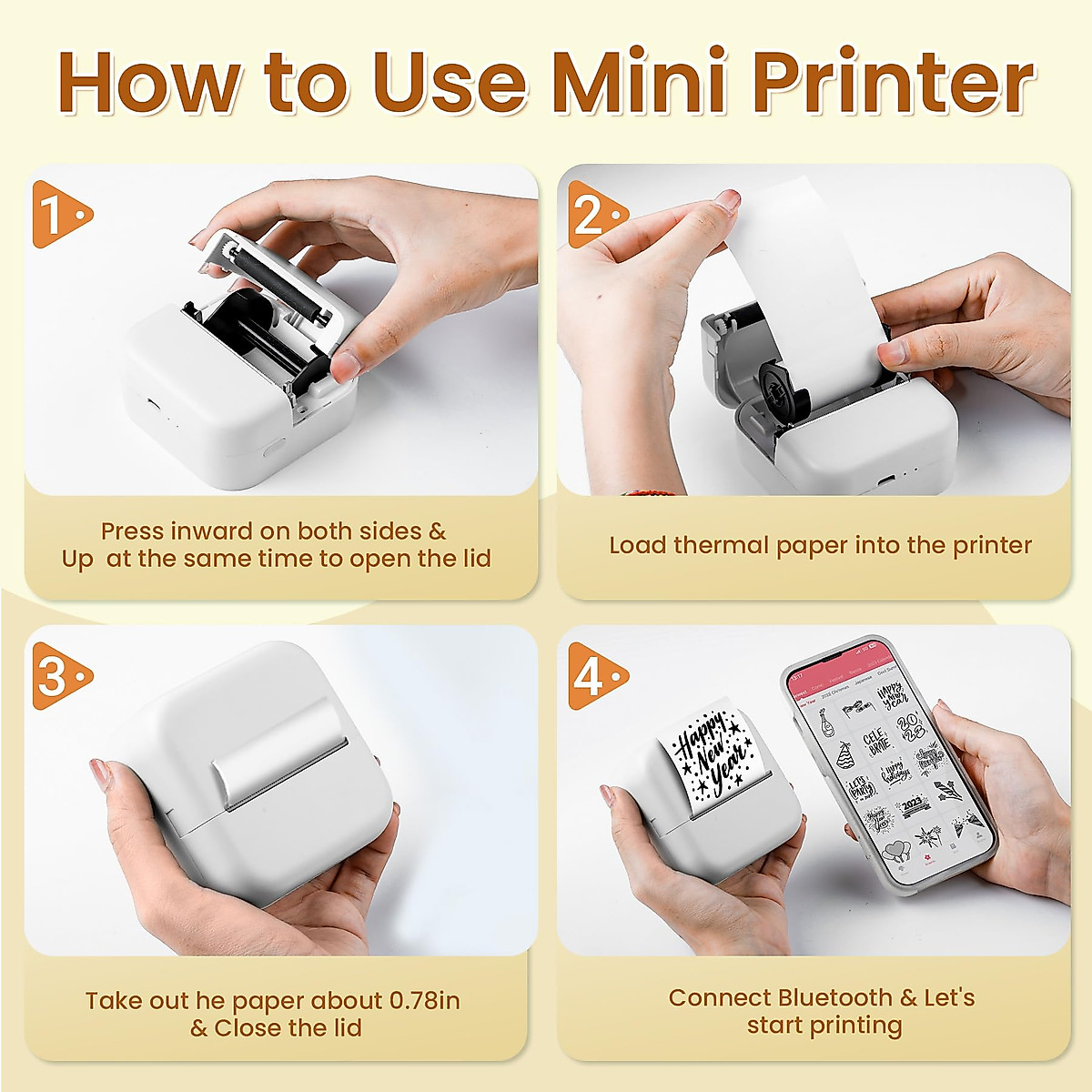 NelkoGlobal Mini Thermal Sticker Printer with 3 Rolls of 50mm*3.5m White Self-Adhesive Thermal Printer Paper