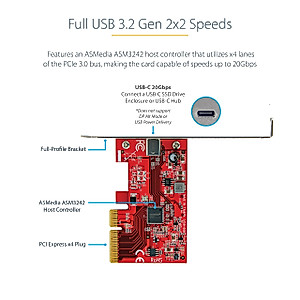 StarTech.com 1-Port USB 3.2 Gen 2x2 PCIe Card, USB-C 20Gbps PCI Express 3.0 x4 Adapter, Data Only, Windows/macOS/Linux, TAA