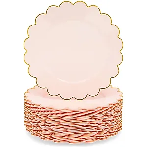 Sparkle and Bash 50 Pack Pink and Gold Plastic Plates, 9 Inch Scalloped Plates with Gold Rim for Birthday Party, Baby Shower