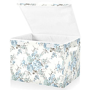 Sletend Flower Floral Lidded Home Storage Bins Closet Storage Bins, Foldable Oxford Fabric Storage Box for Home Bedroom Closet Office (16.5x12.6x11.8 in)