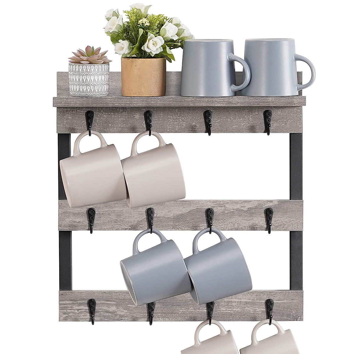 Honiter Coffee Mug Rack Wall Mounted, Rustic Wood Coffee Cup Holder Organizer with 12 Hooks and Storage Shelf , Wall Mug Rack for Display, Collection, Home Kitchen (Gray)