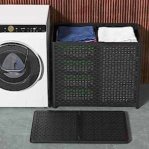 Udotry Plastic Folding 2 Compartments Laundry Hamper, Collapsible 2 Sections Laundry Basket with Lid, Black