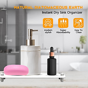 Instant Dry Sink Organizer - Fast Drying Stone Sink Tray Prevents Moisture for Kitchen & Bathroom, Diatomaceous Earth Instant Sink Candy Organizer with feet - Sleek Soap, Sponge & Dish Holder (White)