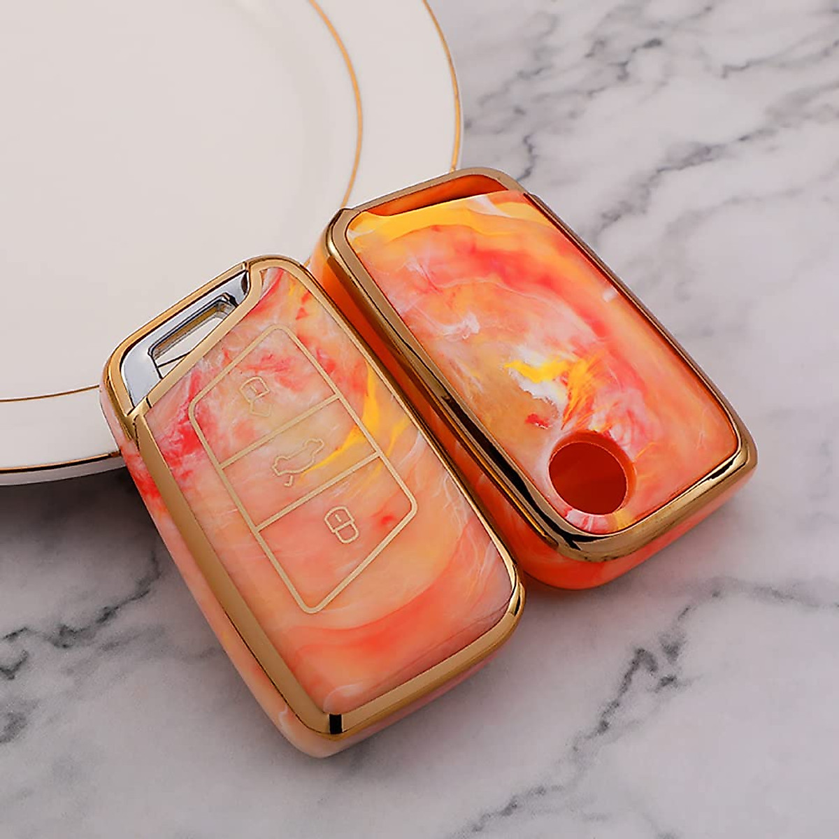 SANRILY Golden-edge Jade Pattern Key Fob Cover for VW Atlas Arteon Jetta Golf Alltrack Passat for Tiguan Skoda Kodiaq Superb A7 Accessories with Leather Keychain Keyless Smart Key Case Shell Orange