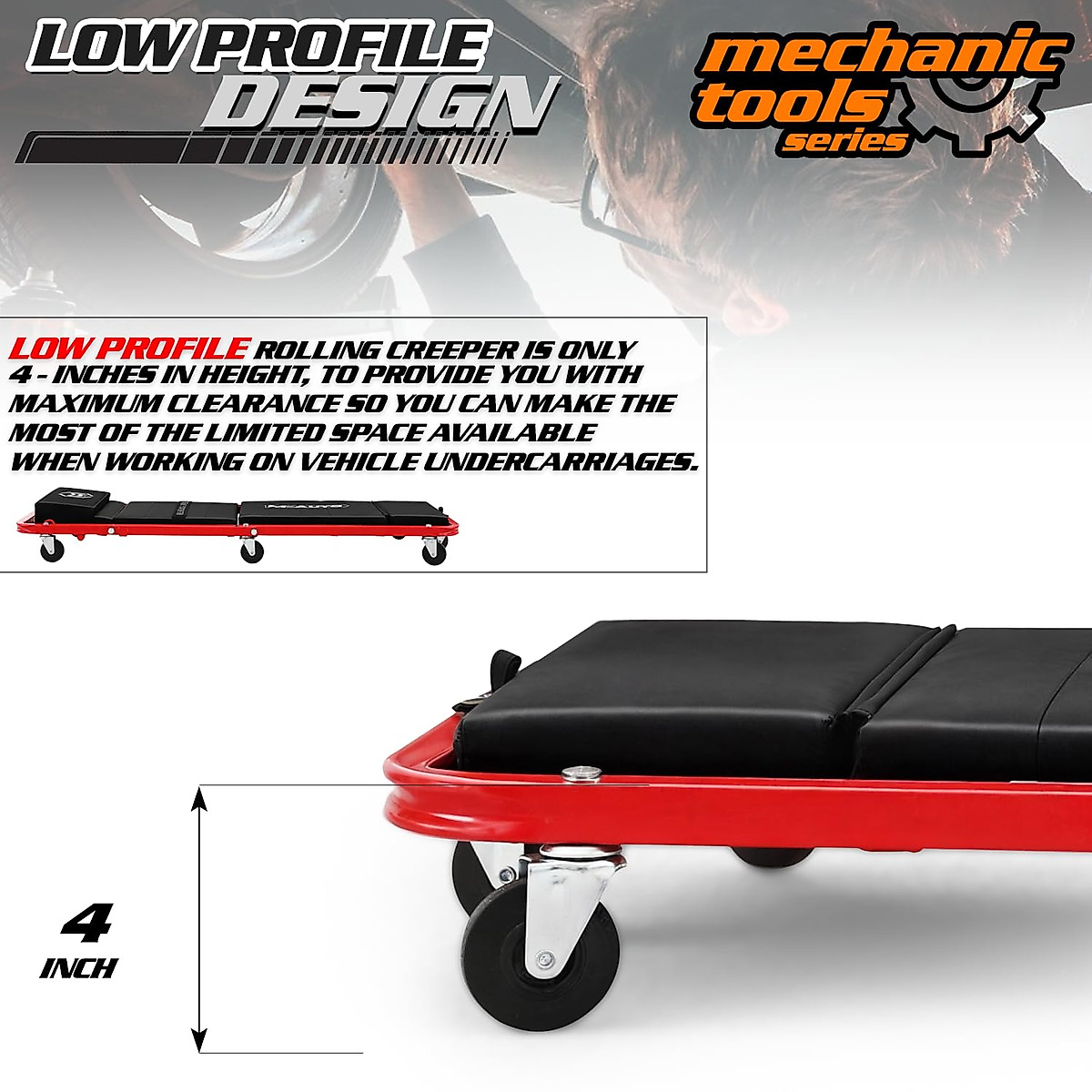 M-AUTO Heavy-Duty Convertible Mechanic Creeper, Z-Creeper 2-in-1 Creeper and Seat 48" Padded Adjustable Headrest Roller Garage Chair with 7 Swivel Casters for Washing, Detailing, Maintenance, Red