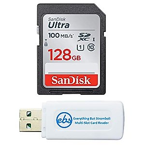 SanDisk 128GB Ultra SDXC Memory Card works with Nikon Coolpix L340, B500, A10, L32, S7000, A300, P900, Camera UHS-I Class 10 with Everything But Stromboli Memory Card Reader (SDSDUNR-0128G-GN6IN)