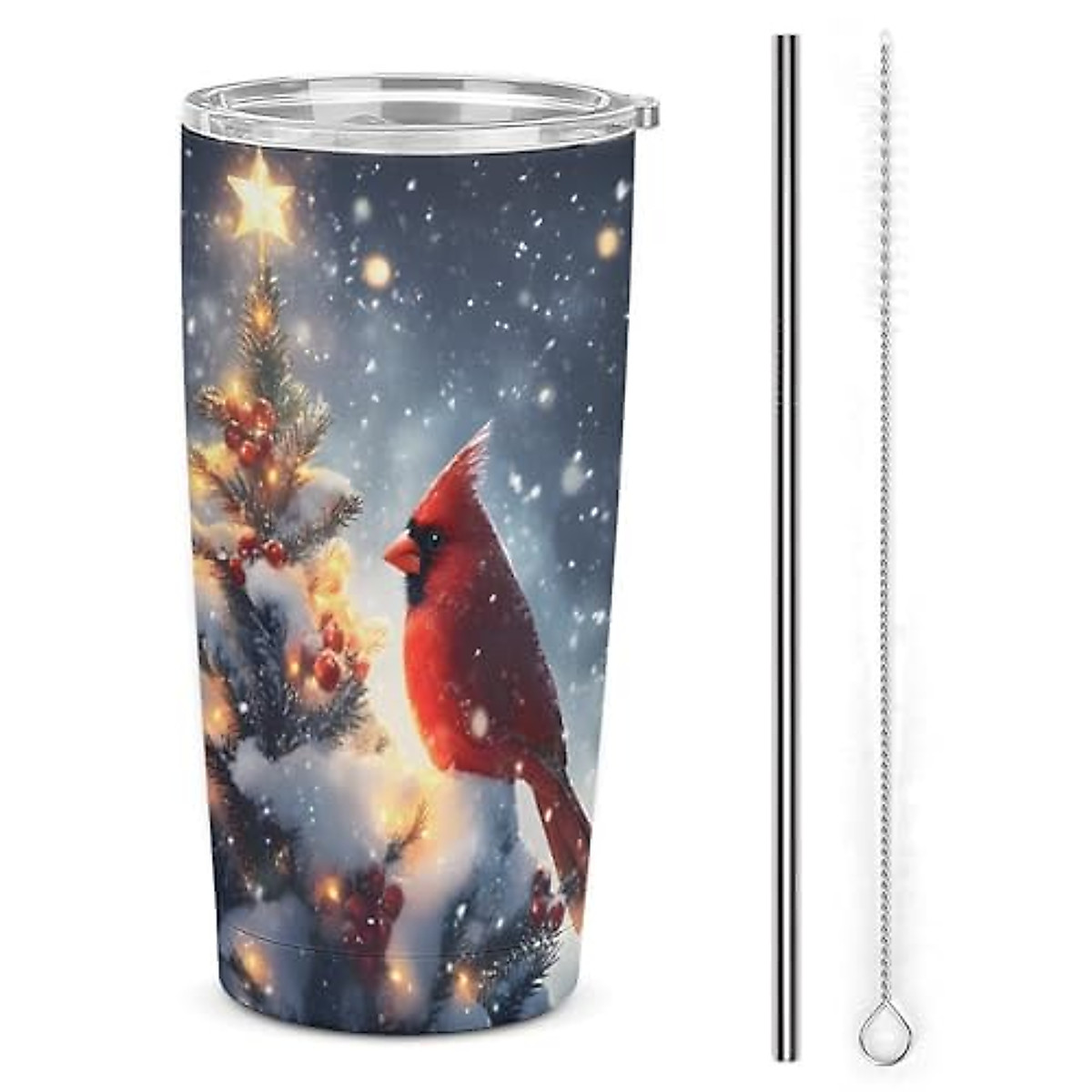 KIOWEIR Christmas Tree Bird Stainless Steel Tumbler 20oz With Lid And Straw, Insulated Tumblers Coffee Cup, Travel Mug for Ice Drink & Hot Beverage for Women Men Boys Girls