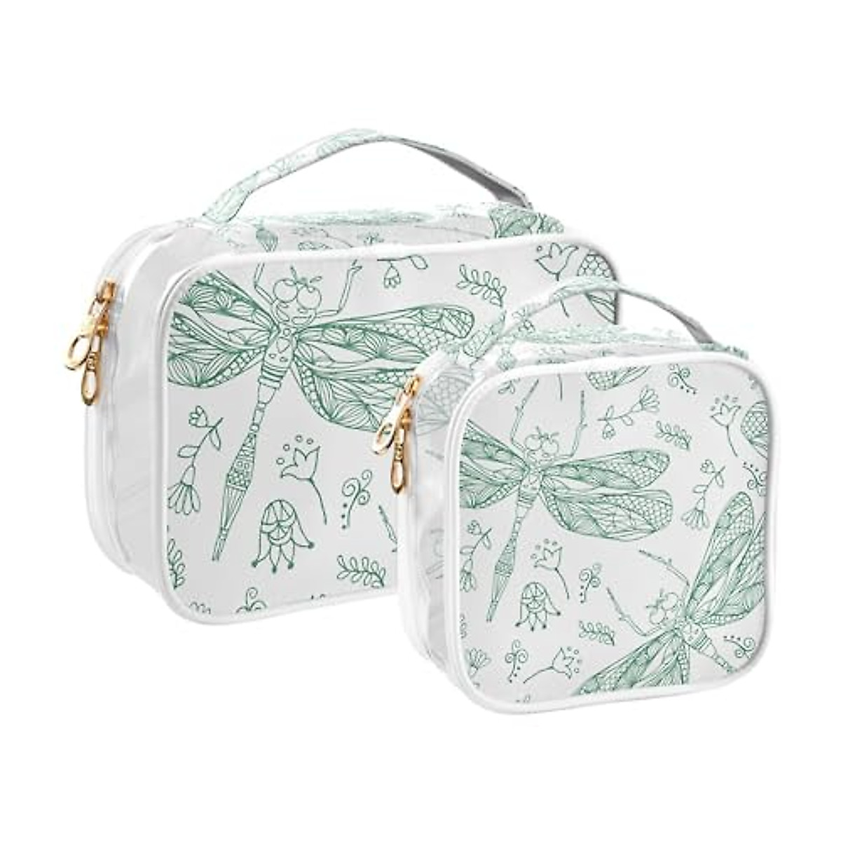 Dragonfly 2 Pieces Clear Makeup Cosmetic Toiletry Bags for Women Men PVC Waterproof Portable Travel Storage Carry Pouch with Gold Zippers Plastic Tote Bags for Vacation Bathroom Organizing Traveling