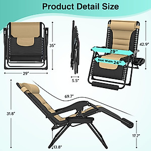 Suteck Oversized Zero Gravity Chair 29In XL Reclining Camping Chair w/Build-in Cushion, Outdoor Lounge Chairs Patio Recliner with Larger Cup Holder Footrest Padded Headrest, 330LBS, Khaki&Black