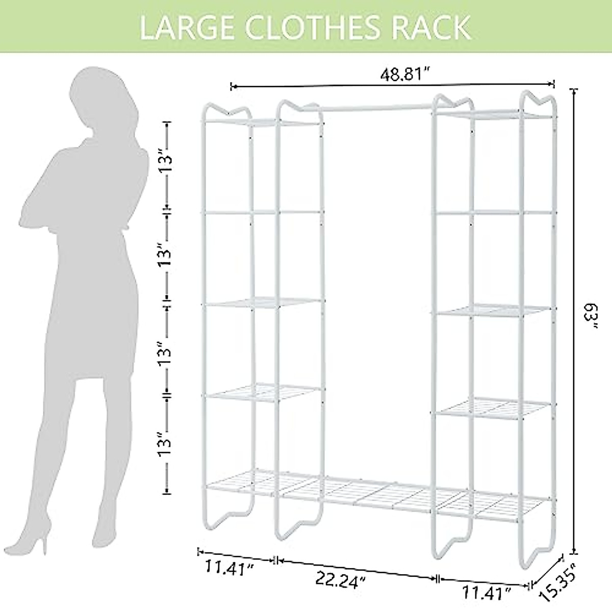 Gewudraw Wardrobe Closet with 8 Metal Shelves, Freestanding Garment Rack, Heavy Duty Clothing Rack For Hanging Clothes, Portable Clothes Rack, Closet Organizer White