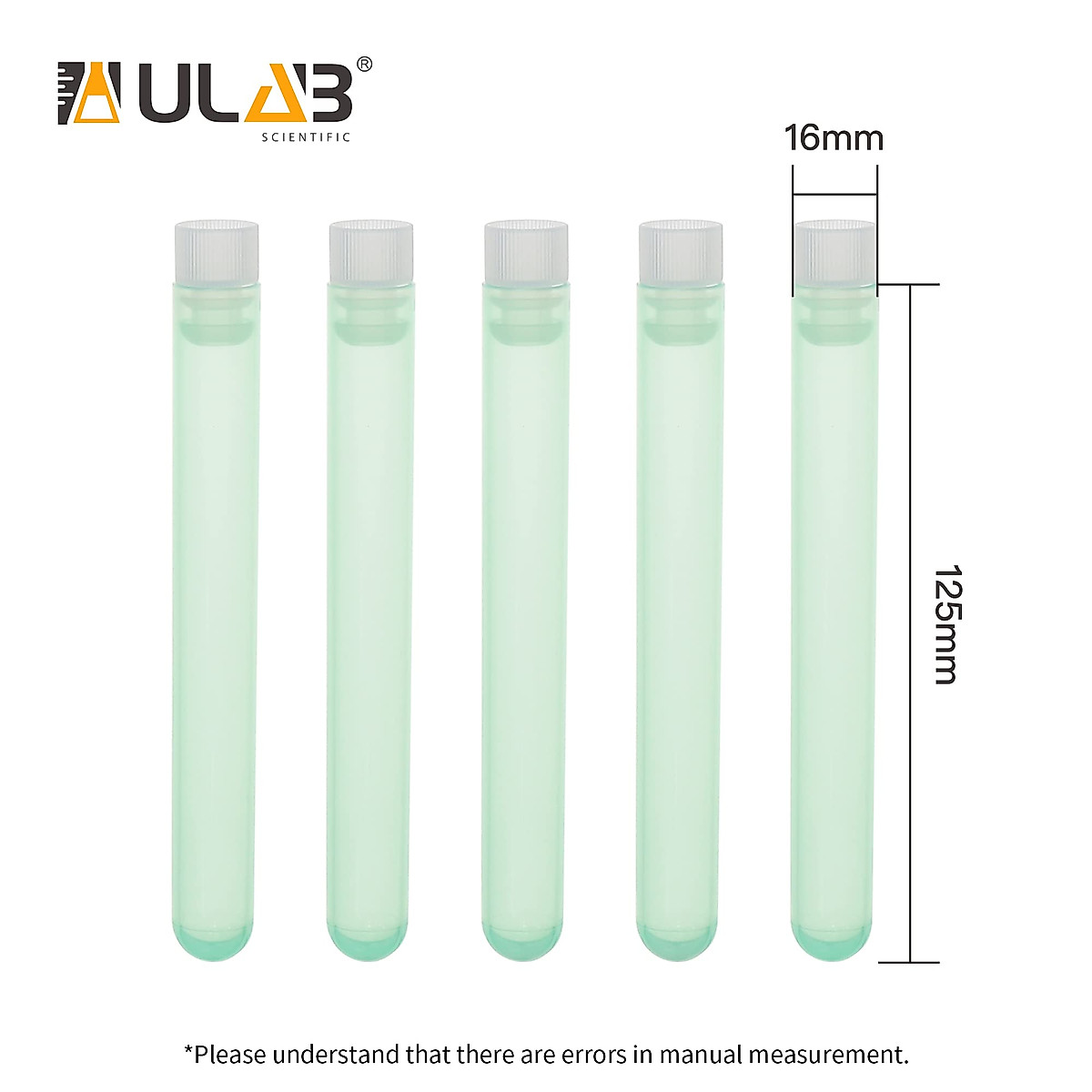 ULAB Plastic Test Tubes with Flange Stoppers, 50pcs of Dia.16x125mm Macaroon Party Tubes Shot Glasses, Green Color, 50pcs PE Flange Stoppers, Dia.16mm, Nature Color, UTT1017