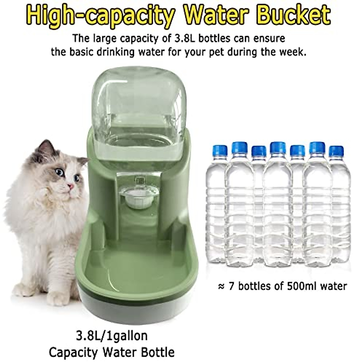kathson Automatic Cat Water Dispenser 3.8L/1 Gallon Gravity Pet Water Dispenser Dogs Automatic Water Station Large Capacity Water Feeder Drinking Fountain for Cats Dogs Small and Medium Pets Green