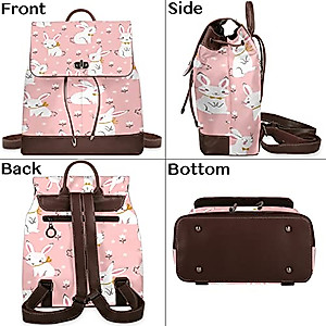 Cute Rabbit PU Leather Backpack Purse, Bunny Flower Shoulder Rucksack College School Bookbag Travel Daypack for Women Ladies