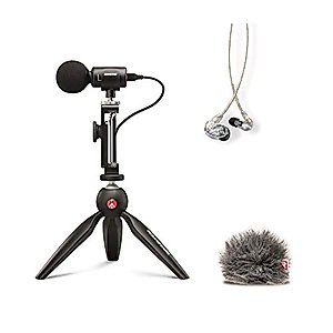 Shure Portable Videography Kit - Professional Recording Rig with MV88+ iPhone Mic, Manfrotto PIXI Tripod, Phone Clamp, Mount, AMV88-Fur Windjammer and SE215 PRO Sound Isolating Earbuds (MV88+SE215-CL)