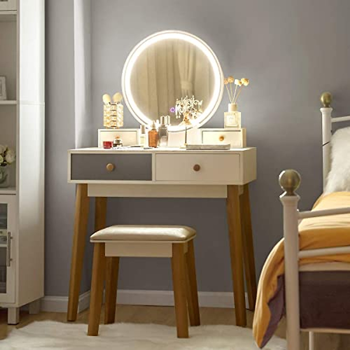 Vanity Set, Touch-Screen LED Round Mirror, Dressing Table with Cushioned Stool, 4 Storage Drawers &Spacious Desktop, 3 Adjustable Light Colors, Makeup Table and Stool Set for Women Girls, White + Gray