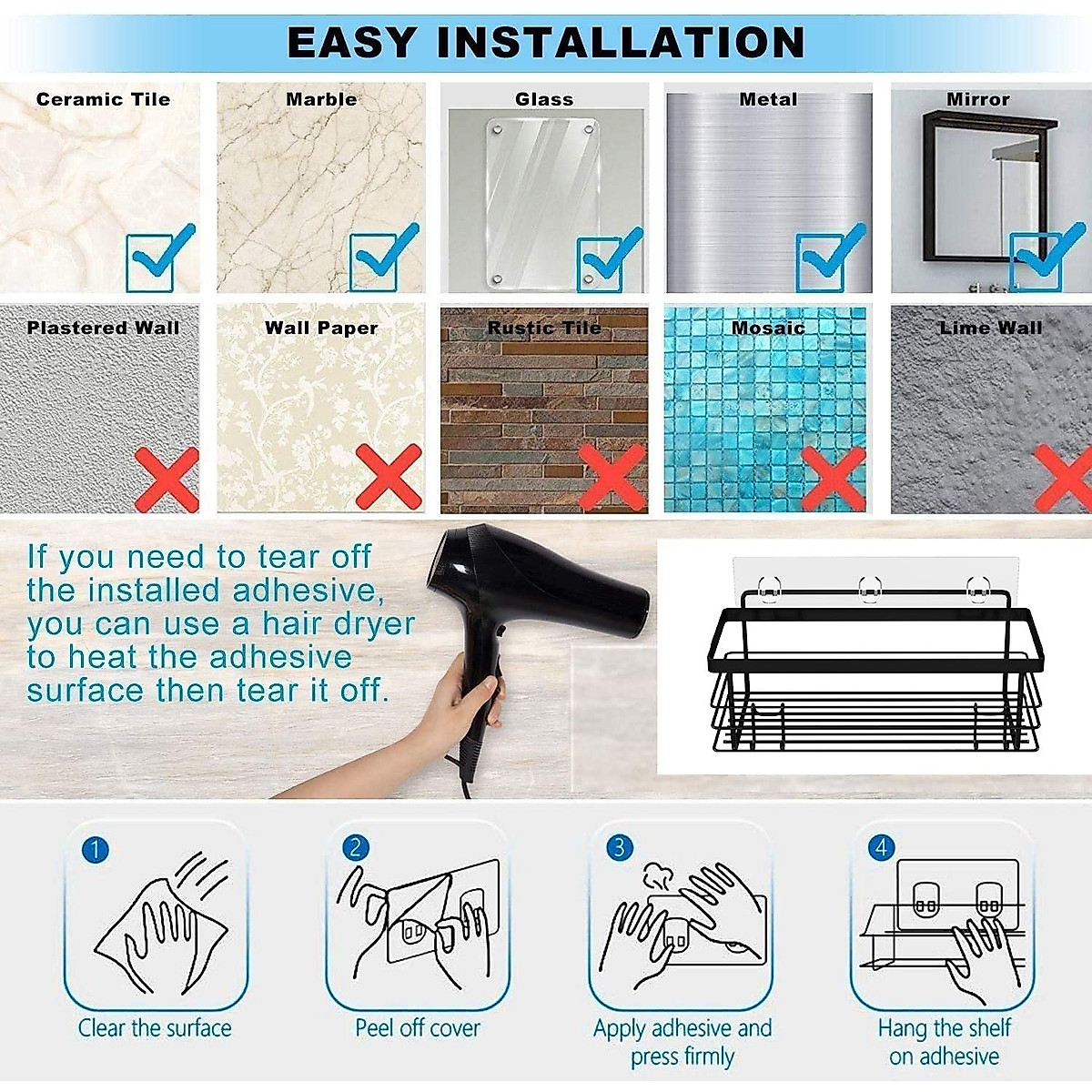 KESOL Shower Caddy + Soap Dish with Hooks Shower Shelf Bathroom Organizer with Hooks,No Drilling Adhesive Shelf,2 Pack (Black)