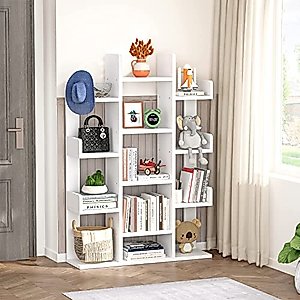 Aheaplus Bookshelf, Tree-Shaped Bookcase Storage Shelf with 13 compartments, Books Organizer Display Cube Shelves, Industrial Free Floor Standing Wood Open Bookshelves for Home, White