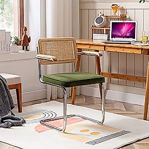 Zibeths Olive Green Dining Chairs, Cane Back Side Chairs with Armrest, Cesca Dining Chairs Set of 2, Velvet Upholstered and Chrome Legs for Dining Room, Living Room, Kitchen