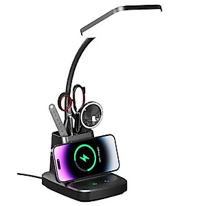 Vicsoon Desk Lamp with Wireless Charger, LED Desk Lamps for Home Office, 800 Lumens, Small Desk Lamp with Pen Holder, Flexible Arm, 3 Modes, Dimming, Touch Lamp for College Dorm Room, with Adapter