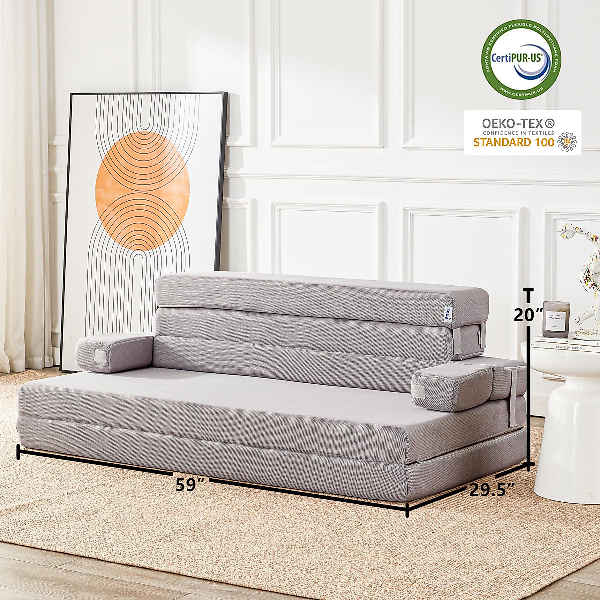 Lazyzizi Sleep 4 Inch Foldable Mattress, Portable Floor Mattress Couch with Headrest, Washable Cover, Foldable Foam Couch Queen for Guest Bed, Folding Sofa Bed, Camping, Road Trip, Dark Grey